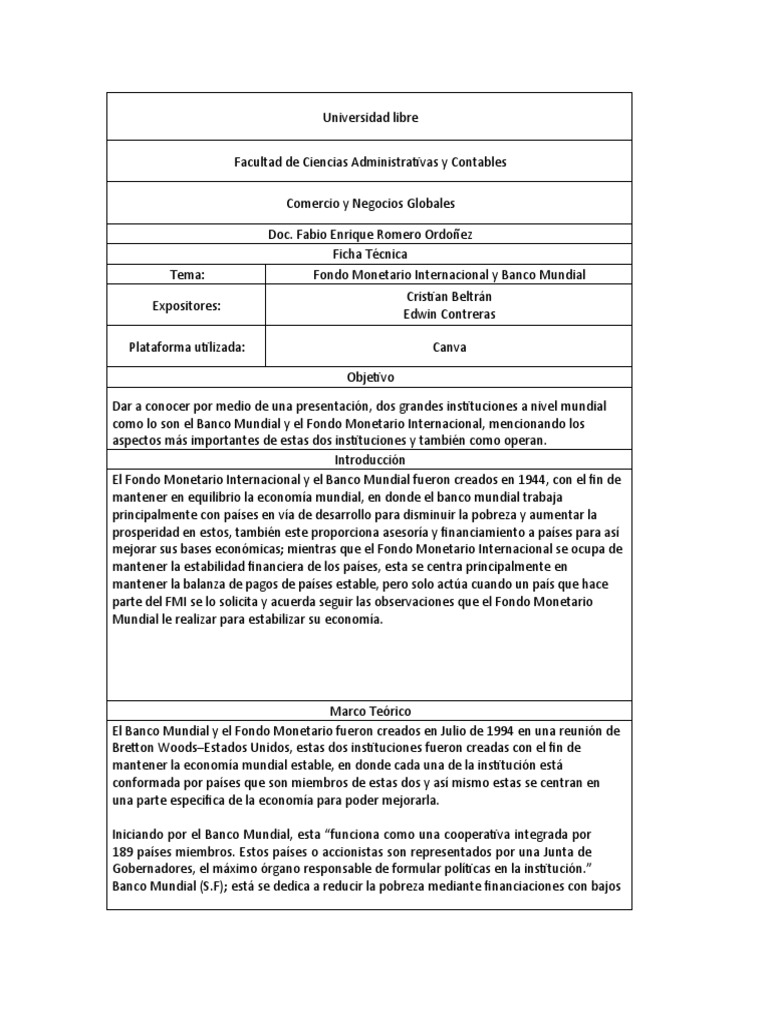 Ficha Tecnica Exposición BM y FMI | PDF | Fondo Monetario Internacional | Banco Mundial