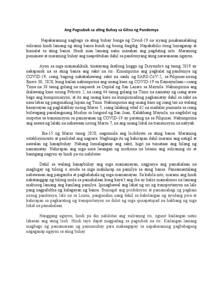 Ang Pagsubok Sa Ating Buhay Sa Gitna NG Pandemya | PDF