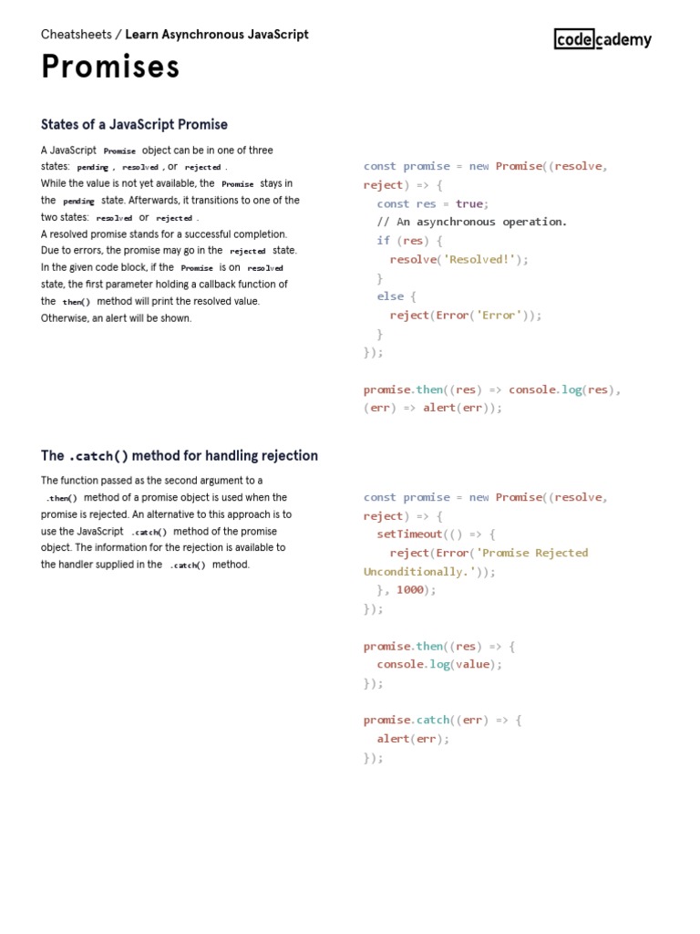 Learn Asynchronous Javascript Promises Cheatsheet Codecademy Pdf Java Script Callback 1796