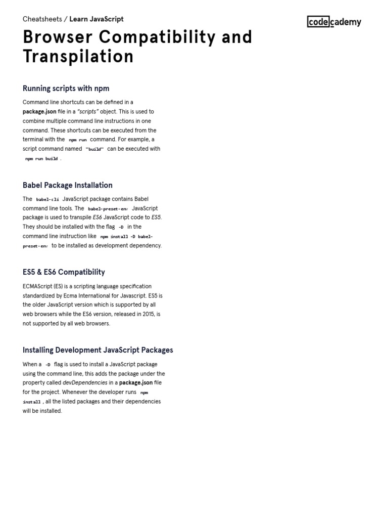 Learn Javascript Browser Compatibility And Transpilation Cheatsheet Codecademy Pdf Java