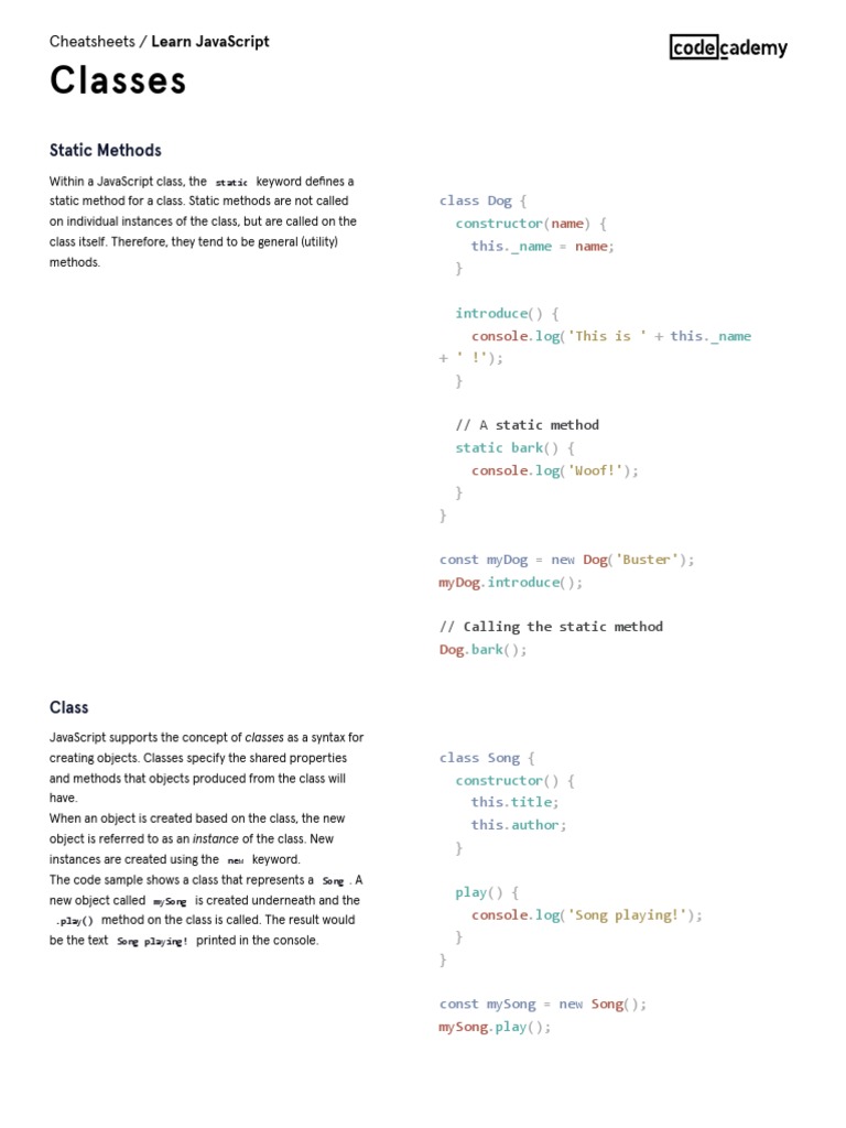 Learn JavaScript - Classes Cheatsheet - Codecademy | PDF | Constructor (Object Oriented ...