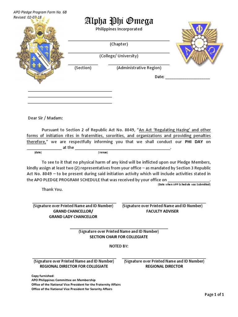 7 APO Pledge Program Form No 6B | PDF | Fraternities And Sororities | Fraternities