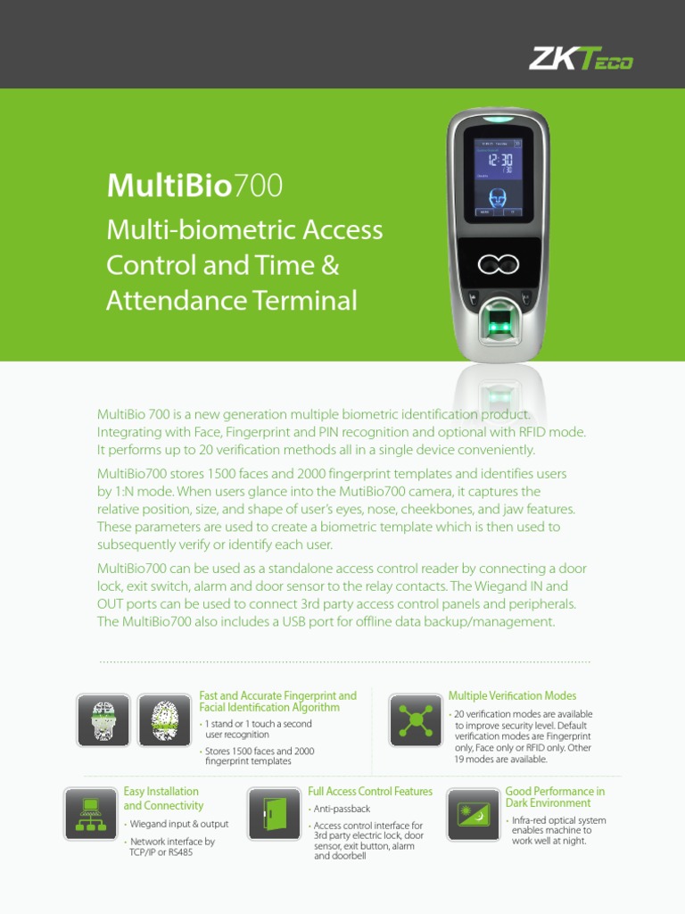 Multibio700: Multi-Biometric Access Control and Time & Attendance Terminal | PDF | Access ...