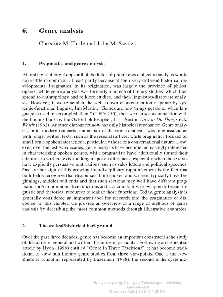 Genre Analysis: Christine M. Tardy and John M. Swales | PDF | English ...