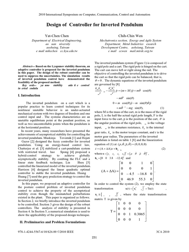 Design of Controller For Inverted Pendulum: Yat-Chen Chen Chih-Chin Wen ...