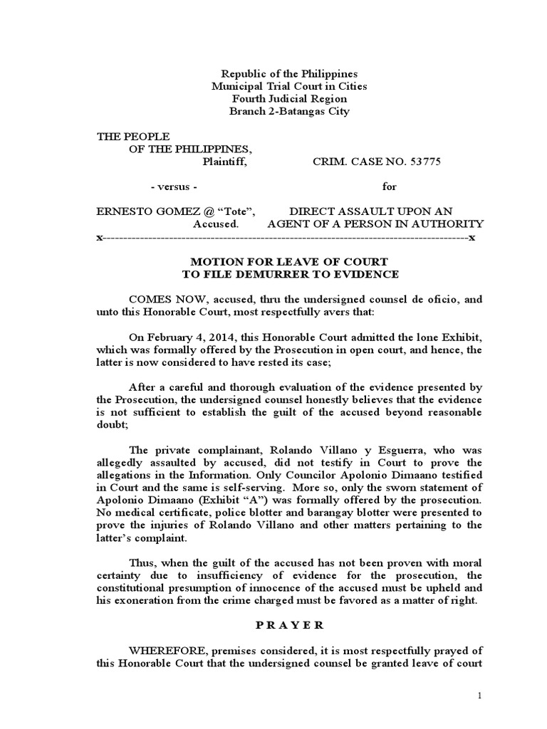 Motion For Leave - Ernesto Gomez mtc2 | PDF | Demurrer | Prosecutor