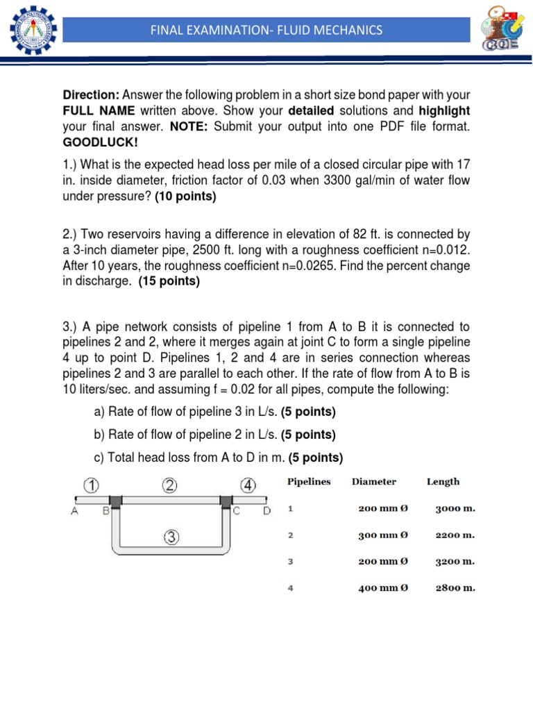 Final Examination-Fluid Mechanics | PDF | Liquids | Dynamics (Mechanics)