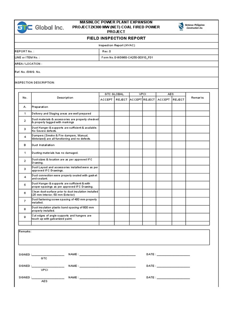 Inspection Checklist For Hvac (DUCT Installation) F01 & F02 | PDF ...