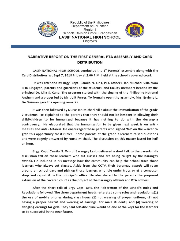 Narrative Report On The First General Pta Assembly and Card ...