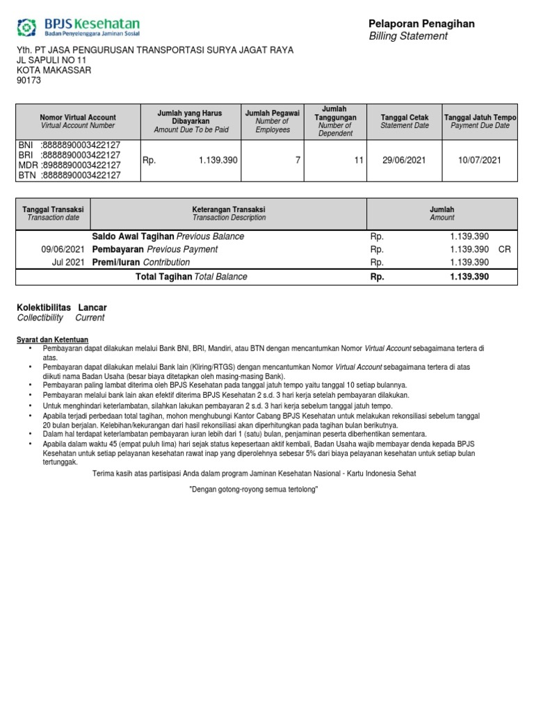 BPJS Kes Juli 2021 - MonthlyBillingStatement - v3 | PDF