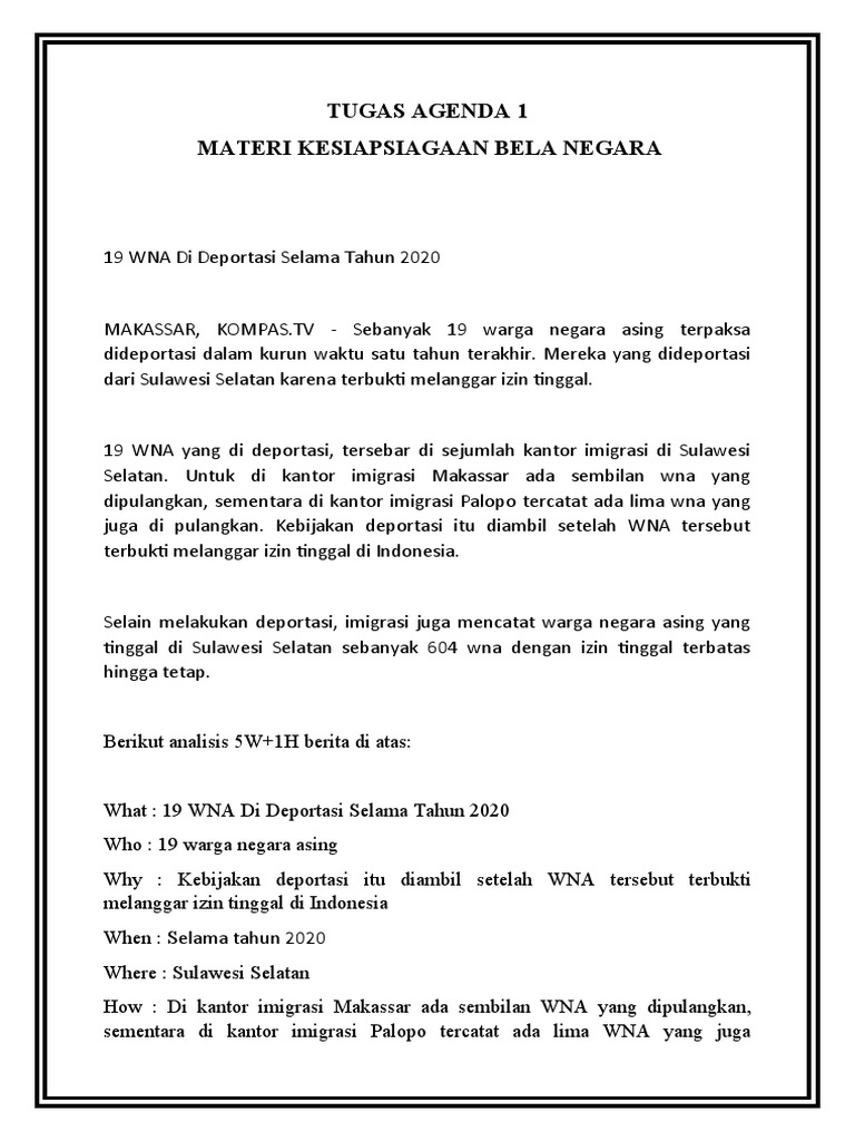 Tugas Agenda 1 Materi Kesiapsiagaan Bela Negara | PDF