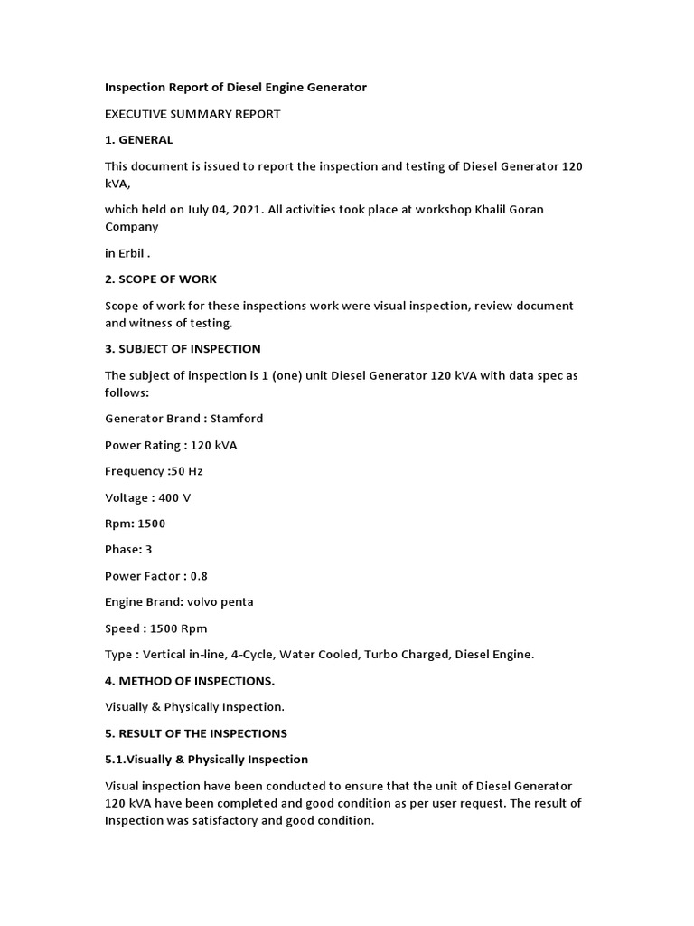 Inspection Report of Diesel Engine Generator | PDF