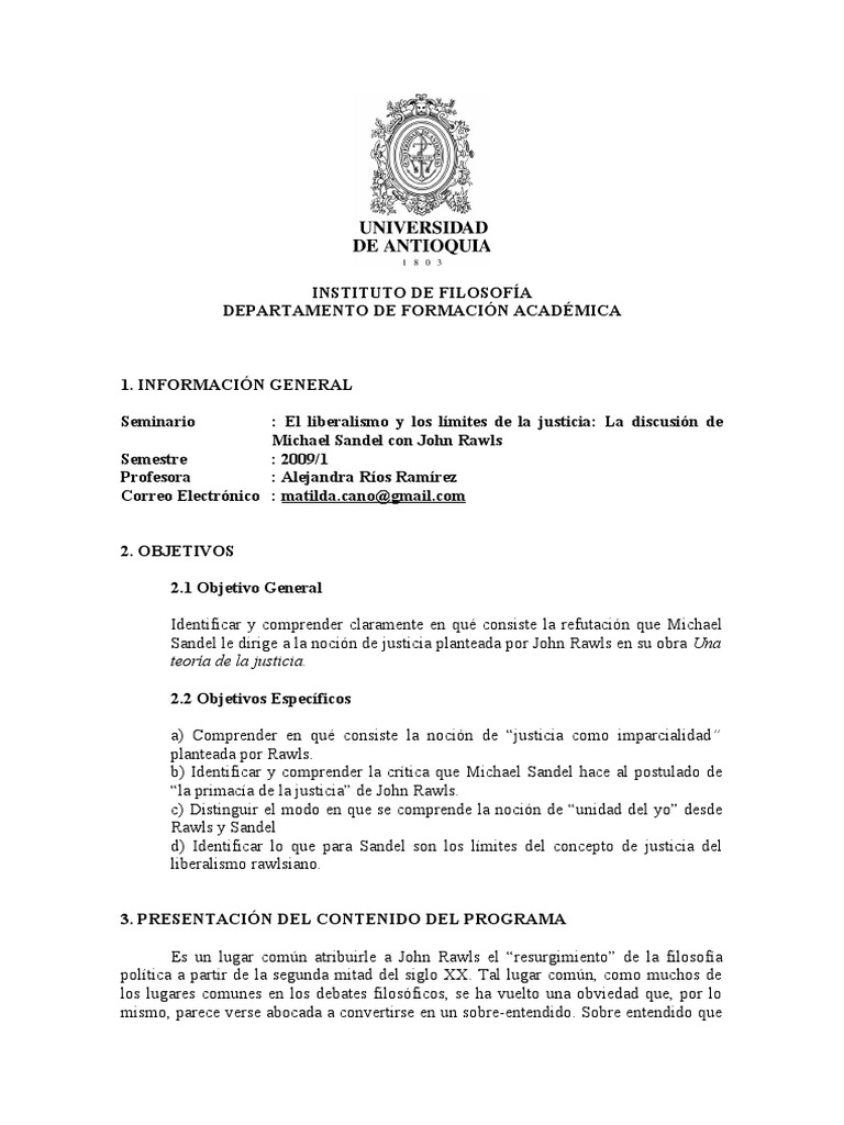 Sandel vs. Rawls: Justicia y Liberalismo | PDF | John Rawls | Justicia