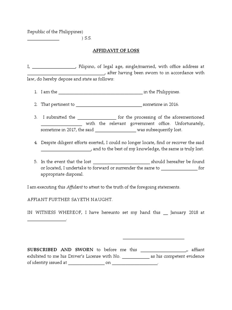 Sample Affidavit of Loss Certificate of Renovation Permit | PDF