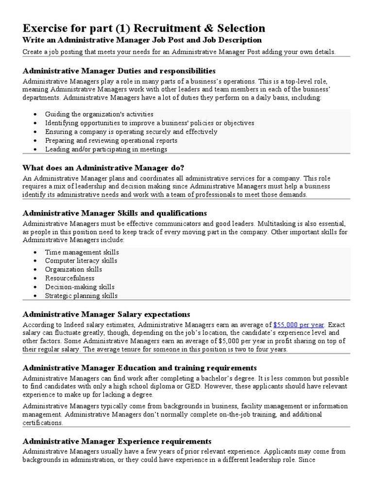 Exercise For Job Post and Job Description | PDF | Leadership | Academic ...
