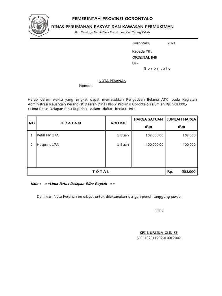 Nota Pesanan Pembelian ATK 2021 | PDF