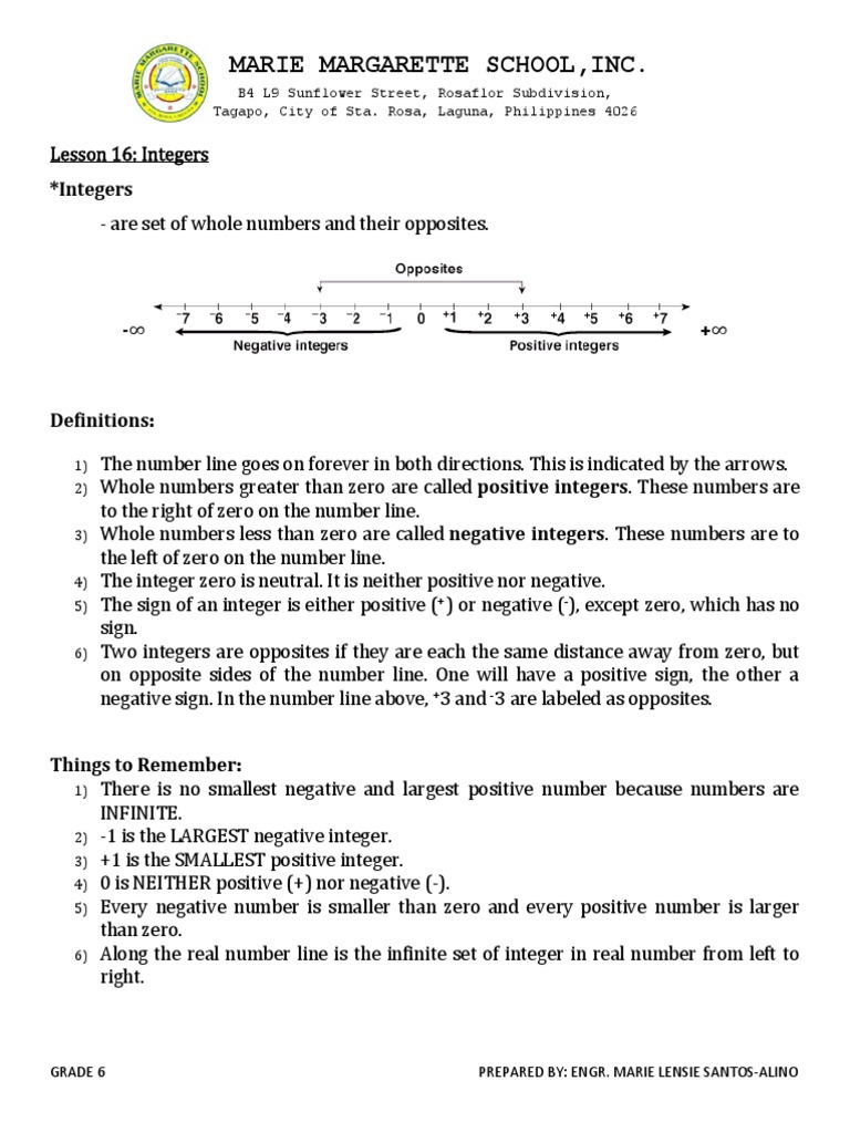 Marie Margarette School, Inc.: Integers | PDF | Integer | Numbers