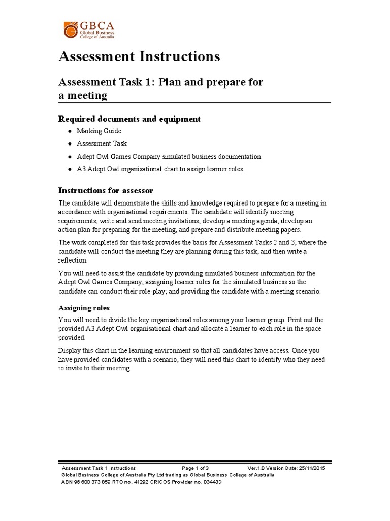Assessment Instructions: Assessment Task 1: Plan and Prepare For A ...