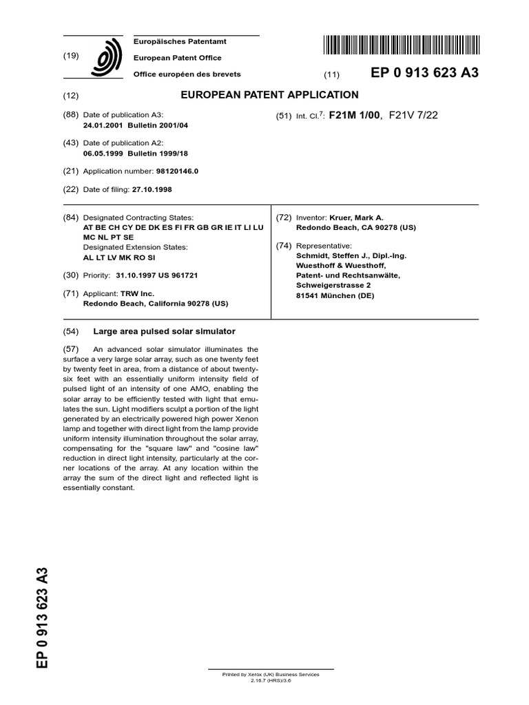 Large Area Pulsed Solar Simulator EP0913623A3 | PDF | Patent Law | Patent