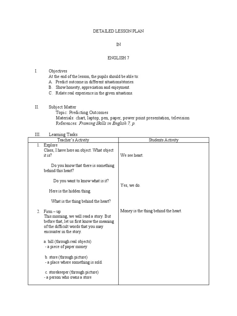 Predicting Outcomes Lesson Plan for Grade 7 | PDF | Lesson Plan