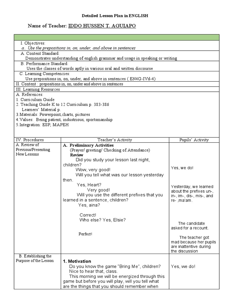 Prepositions Lesson Plan | PDF | Preposition And Postposition | Teachers