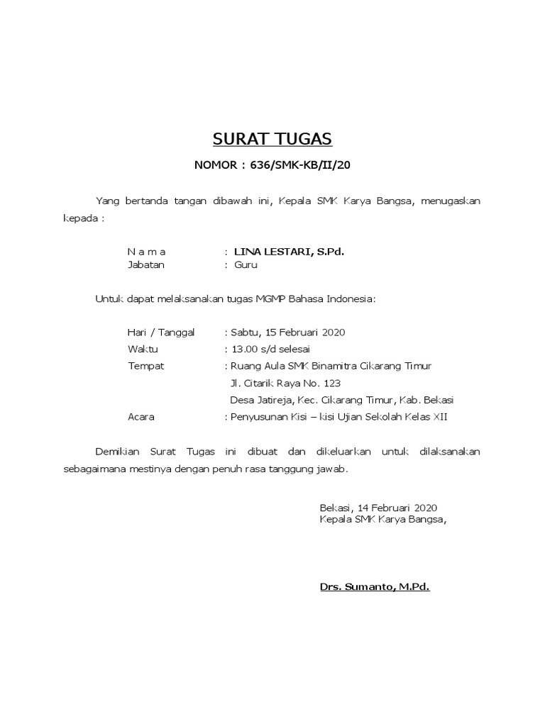 Contoh Surat Tugas MGMP Bahasa Inggris | PDF