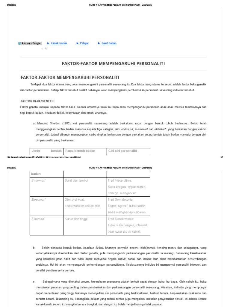FAKTOR-FAKTOR MEMPENGARUHI PERSONALITI - Leesharing | PDF