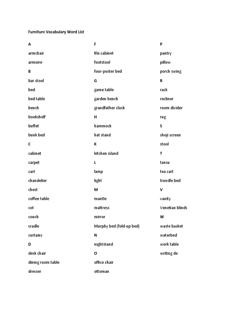 Furniture Vocabulary Word List | PDF
