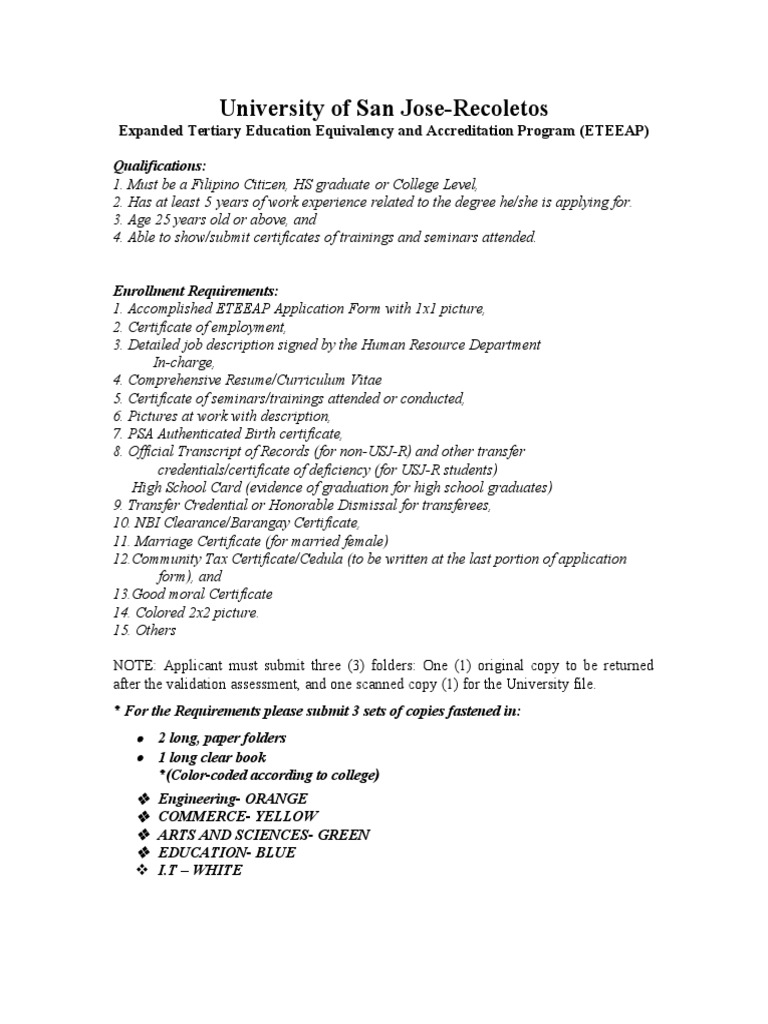 USJ-R ETEEAP Qualifications Requirements | PDF