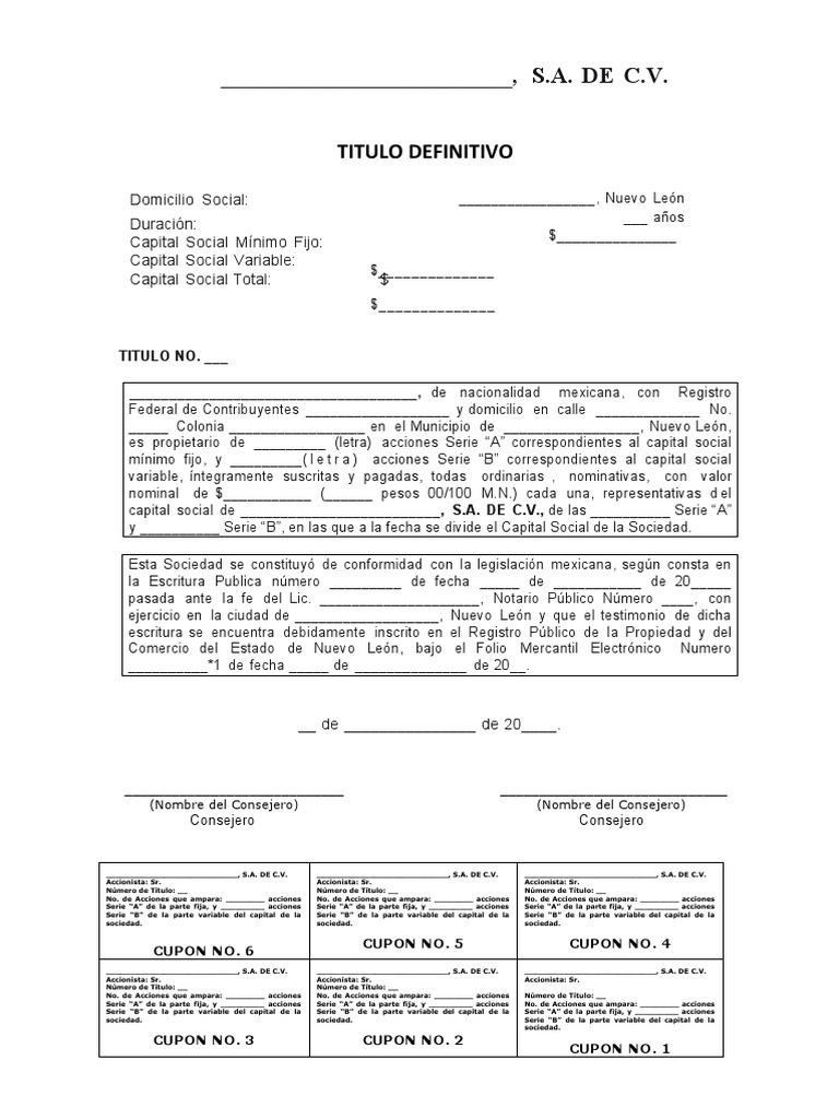 Formato Titulo Definitivo de Acciones 2 | PDF | Derecho Civil (Common Law) | Business