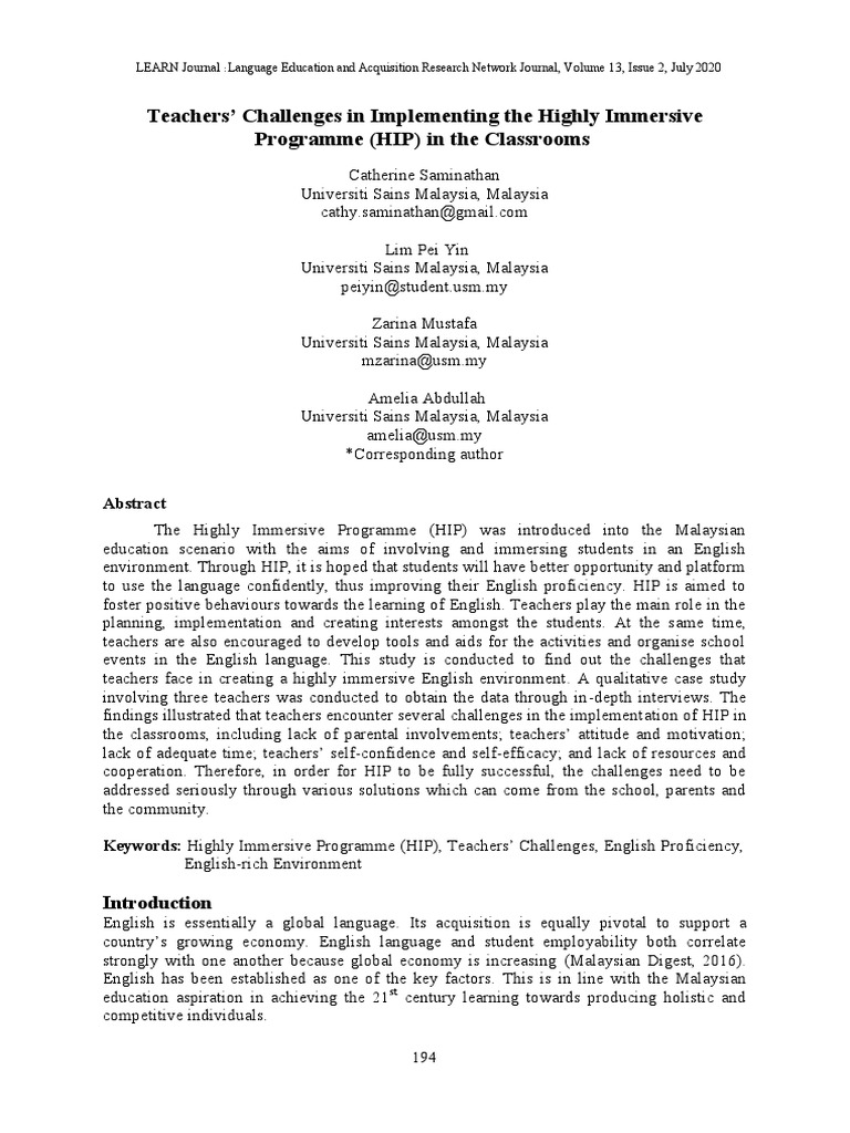 Teachers' Challenges in Implementing The Highly Immersive Programme ...