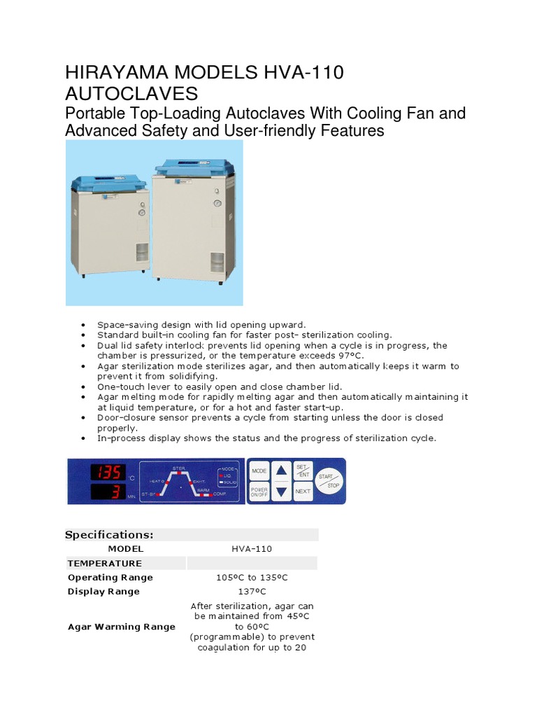 Hirayama Models Hva-110 Autoclaves | PDF | Sterilization (Microbiology ...