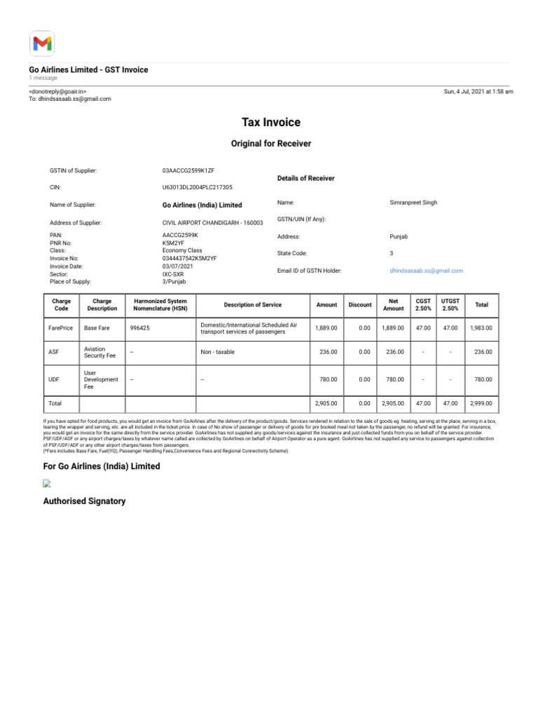 Gmail - Go Airlines Limited - GST Invoice | PDF | Government Finances ...