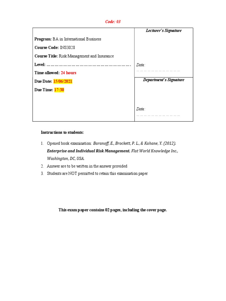 (Risk Management and Insurance 1) Exam Questions Code 3 | PDF ...