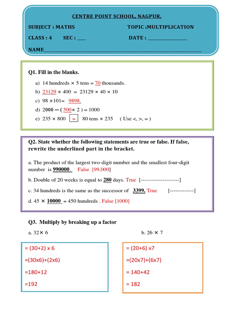Answer Key of Practice Worksheet (Multiplication) | PDF | Teaching ...