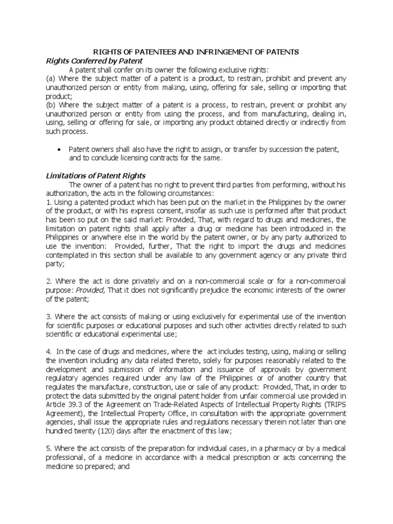 Rights of Patentees and Infringement of Patents | Download Free PDF ...