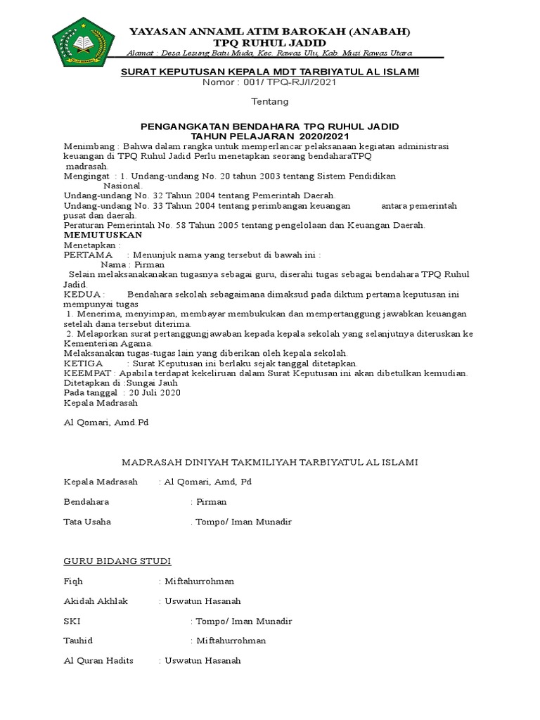 Surat Keputusan Kepala TPQ | PDF