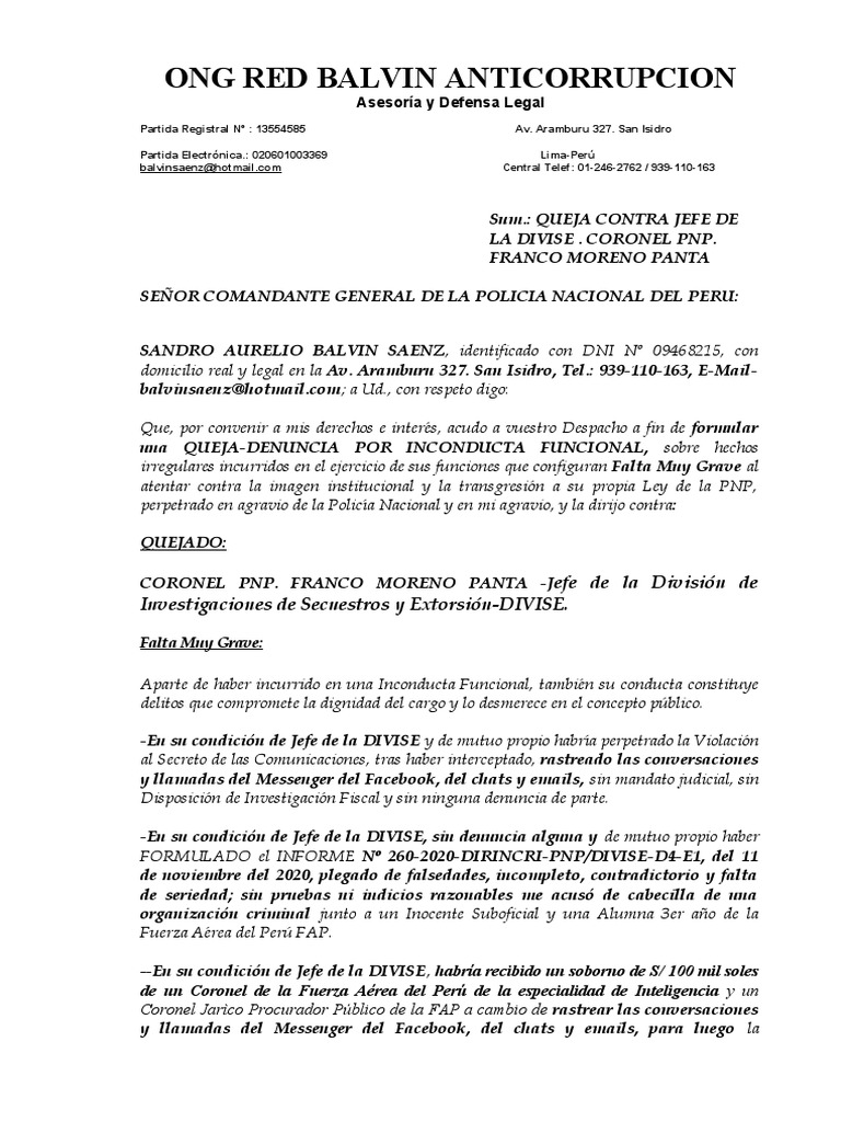 Queja por Inconducta Funcional en PNP | PDF | Corrupción política | Perú