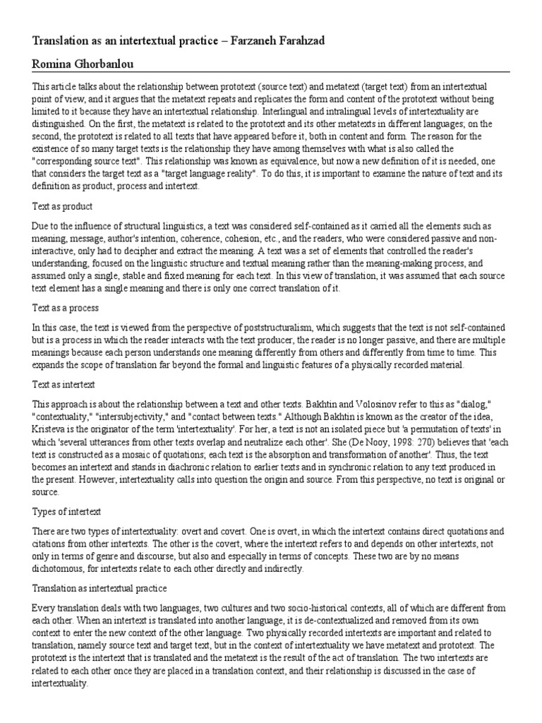 Intertextuality in Translation | PDF | Intertextuality | Translations