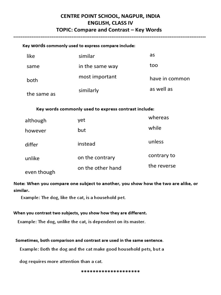 Compare and Contrast Key Words for Class IV Students | PDF