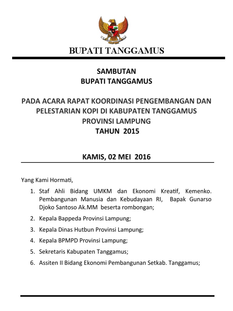 Sambutan Bupati (Rakor Kopi 2016) | PDF