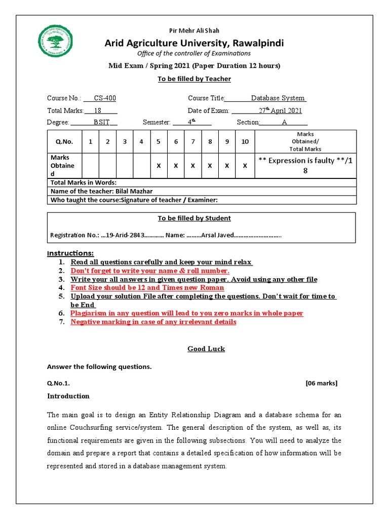 Arid Agriculture University, Rawalpindi: Nstructions | PDF | Databases ...