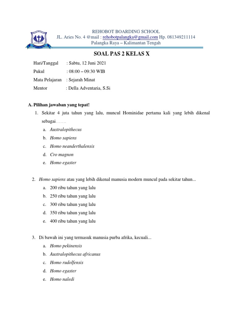 Soal PAS 2 Sejarah Minat Kelas X (Sabtu, 12 Juni 2021) | PDF