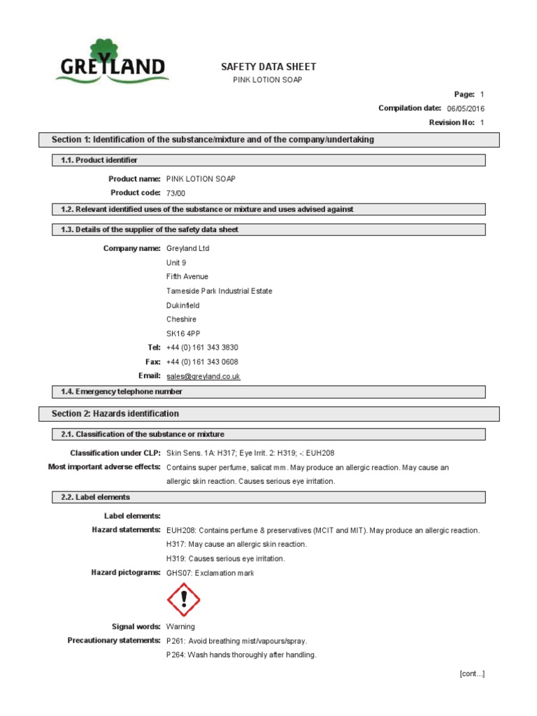 Pink Lotion Soap COSHH Sheet 2016 | PDF | Firefighting | Workplace