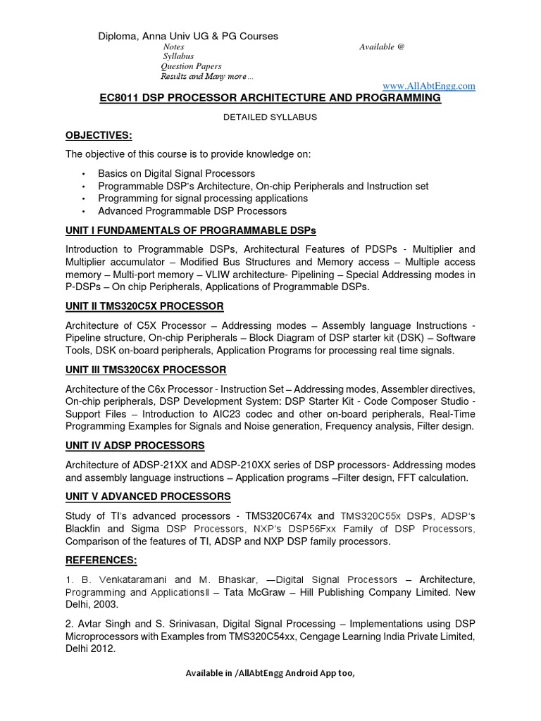 Ec8011 DSP Processor Architecture and Programming: Diploma, Anna Univ ...