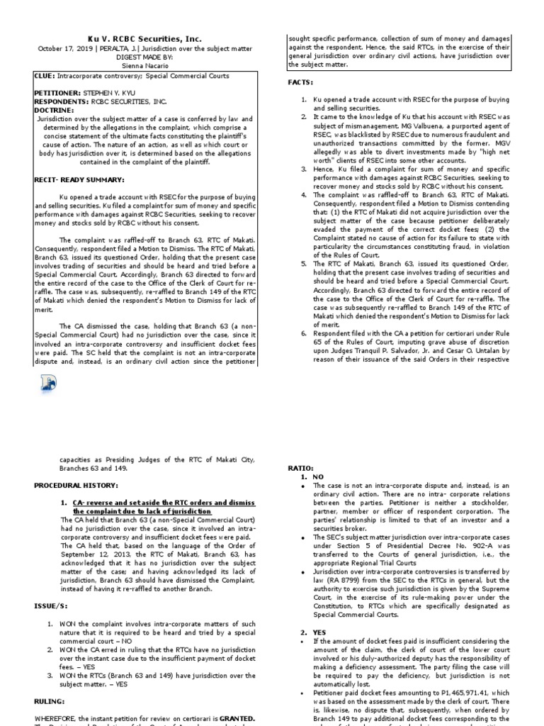 Ku v. RCBC Securities Inc | PDF | Complaint | Lawsuit