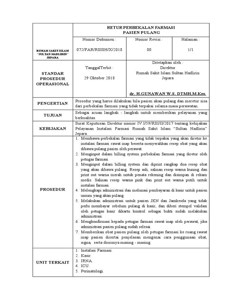 Sop Retur Perbekalan Farmasi | PDF