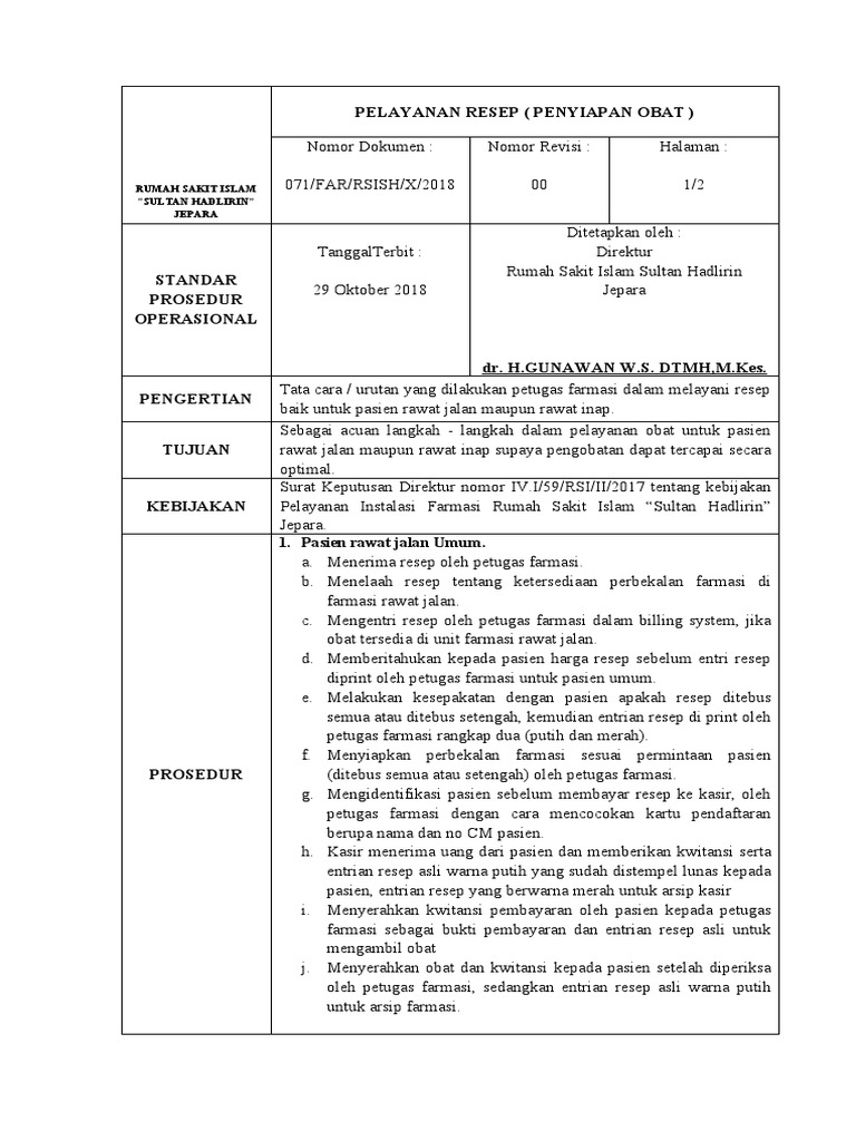 Sop Pelayanan Resep (Penyiapan Obat) | PDF | Pengembangan Diri | Sains & Matematika