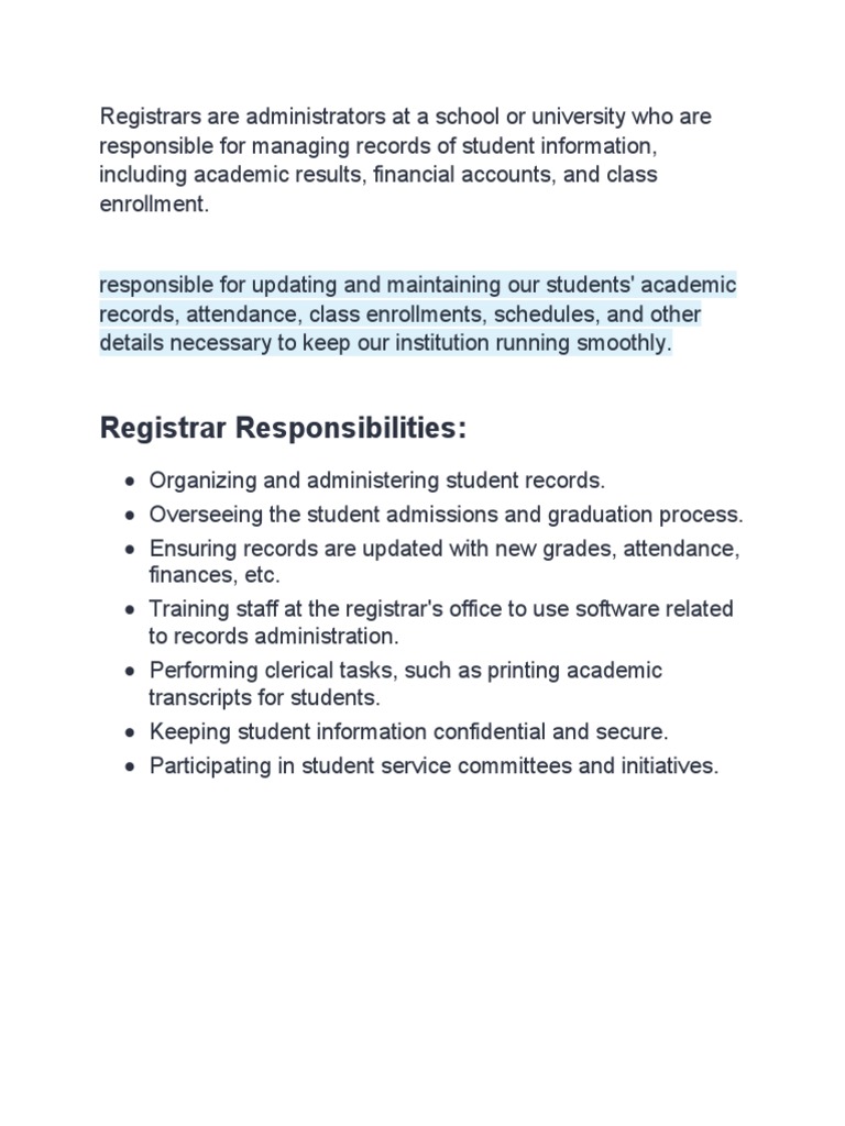 School Registrar Responsibilities Overview | PDF | Finance & Money ...