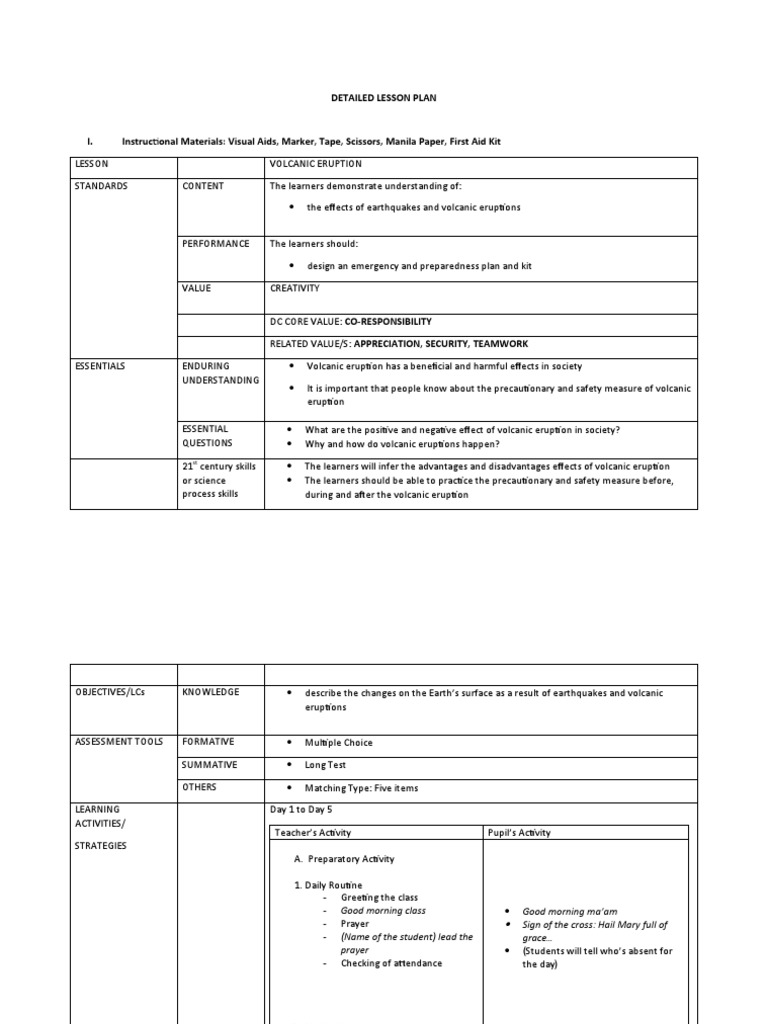 Detailed Lesson Plan | PDF | Volcano | Types Of Volcanic Eruptions